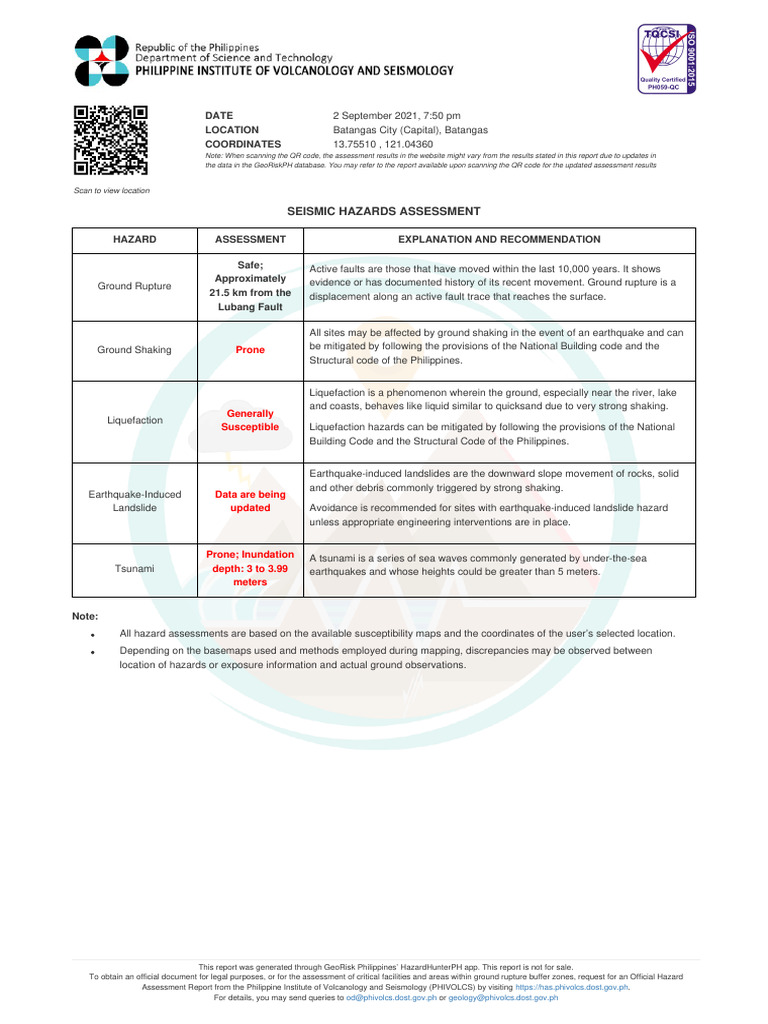 Batangas City Hazard Assessment Report | PDF | Volcano | Earthquakes