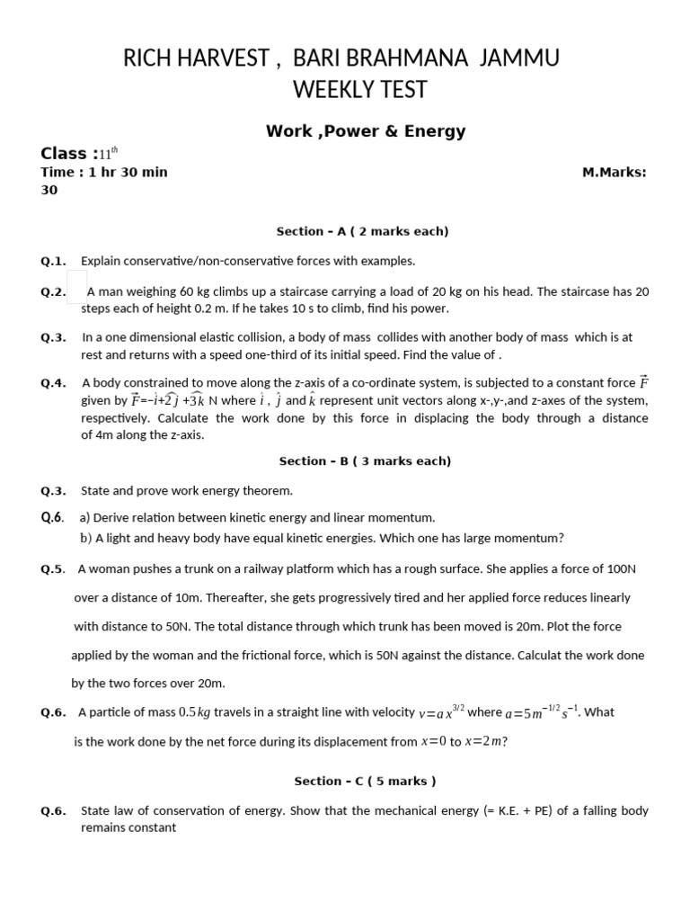 Rich Harvest Weekly Test Work Power Energy | PDF | Force | Momentum