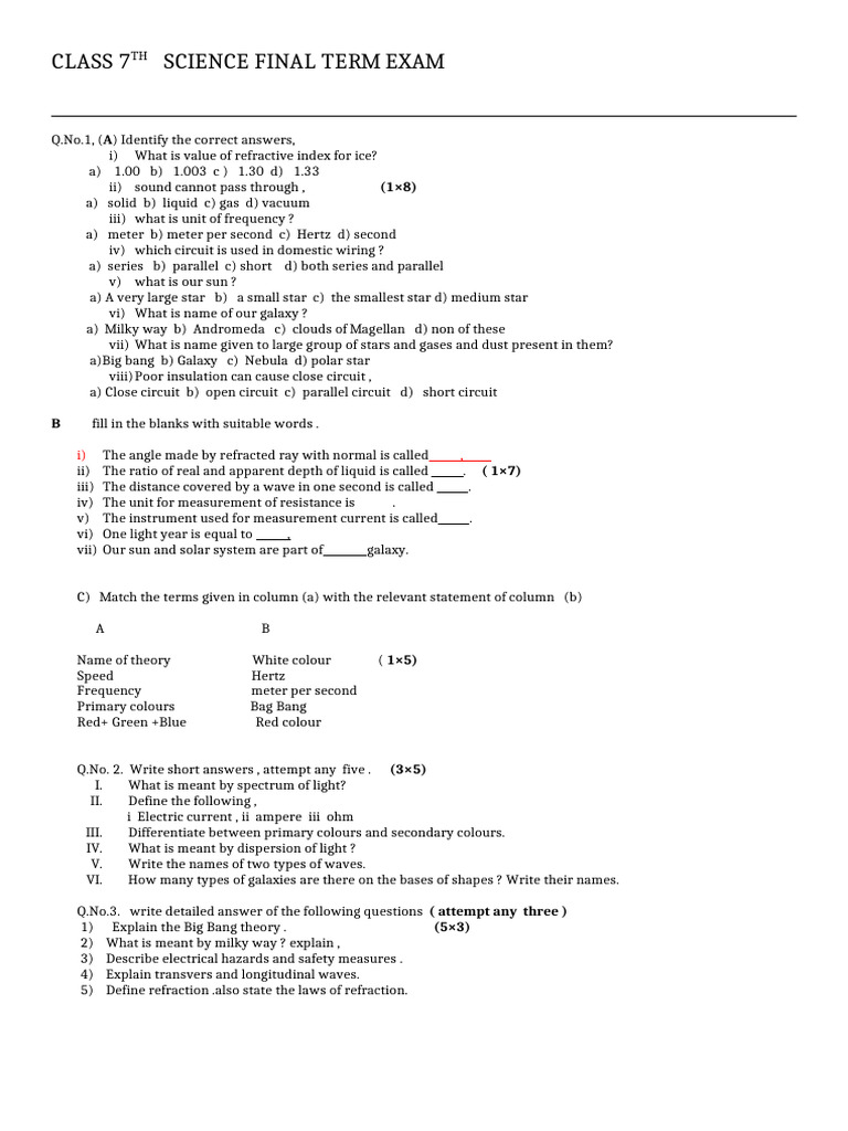7th Grade Science Final Exam Questions | PDF | Galaxy | Refraction