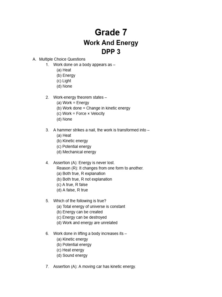 Grade 7 Work and Energy DPP 3 | PDF | Potential Energy | Kinetic Energy