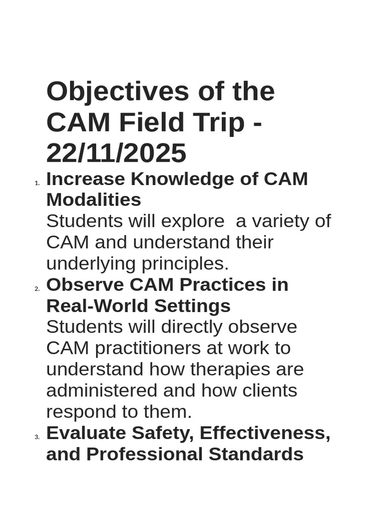 CAM Field Trip Objectives for Nursing | PDF | Nursing | Alternative ...