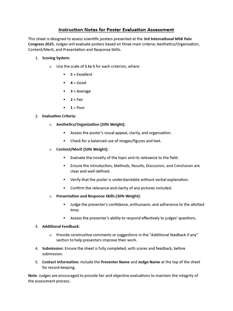 Poster Evaluation Guidelines for MSK Pain Congress | PDF