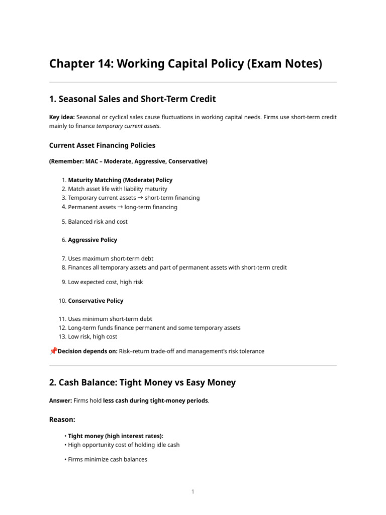 Chapter 14 - Working Capital Policy (Exam Notes) | PDF | Working ...