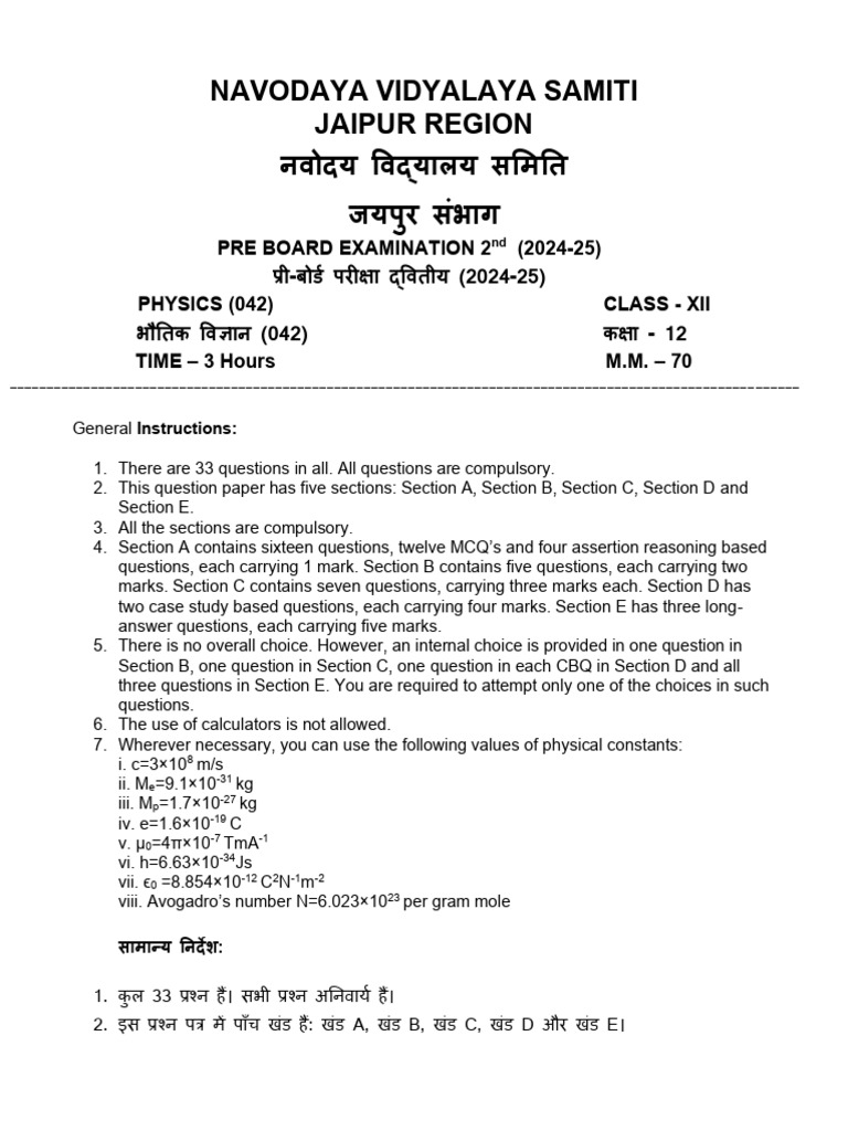 Pre Board Exam Physics 2024-25 | PDF