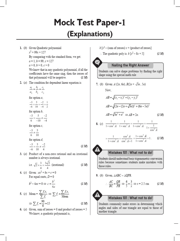 Mock Test PAPER-1 Solution Mathematics | PDF | Quadratic Equation ...