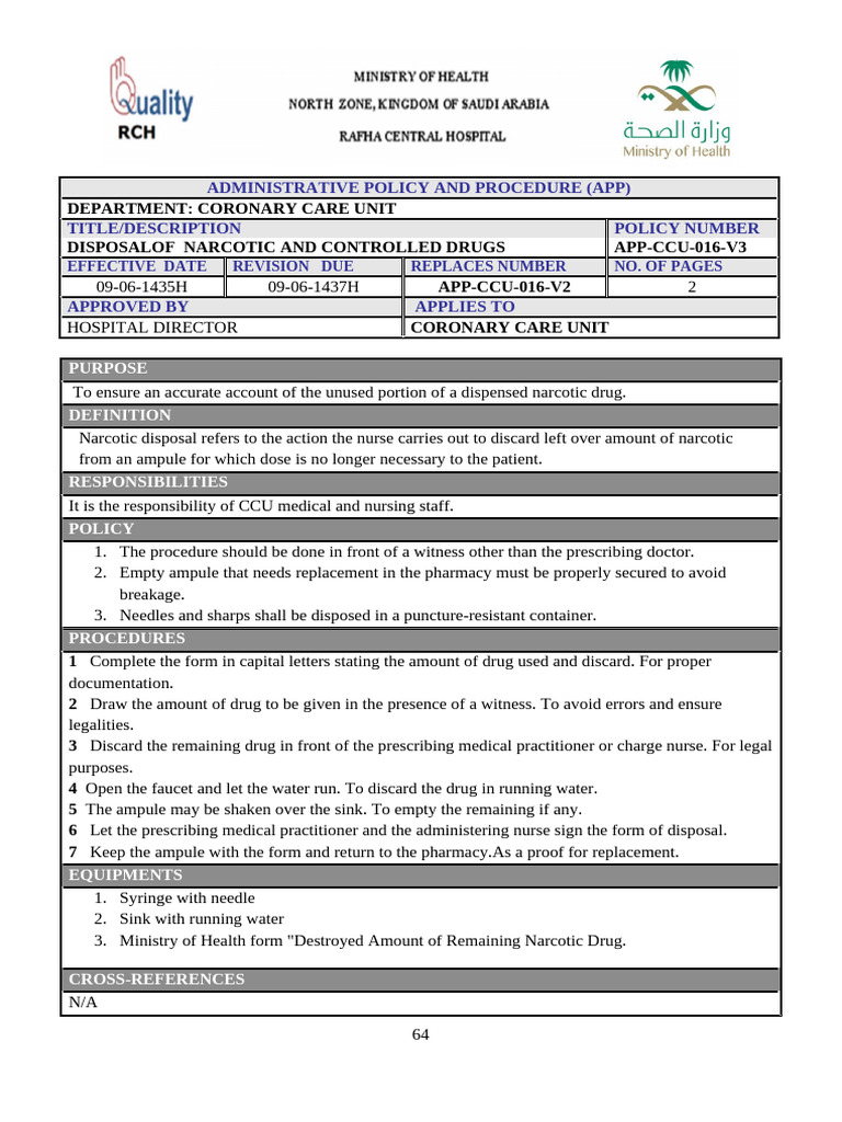 Narcotic Disposal Policy for CCU | PDF | Drugs | Pharmacy