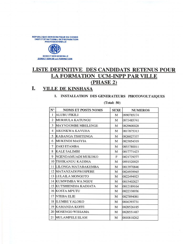 Liste Definitive Candidats Retenus Ucm - Inpp - Phase2 | PDF