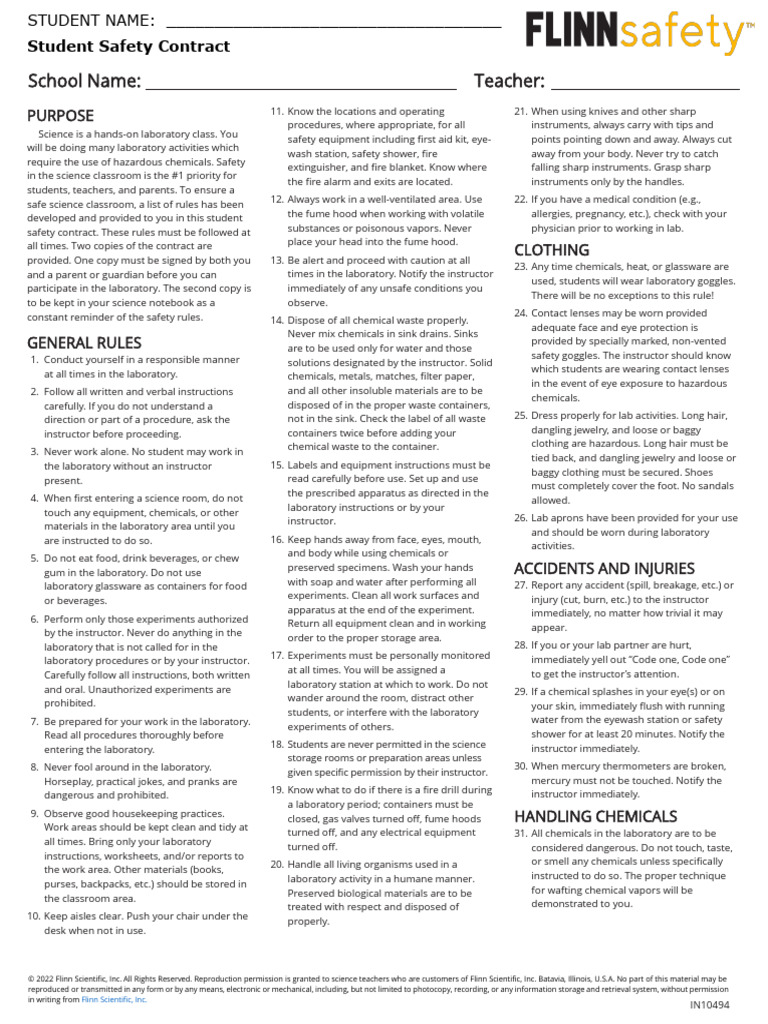 Science Lab Safety Contract Guide | PDF | Laboratories | Glasses