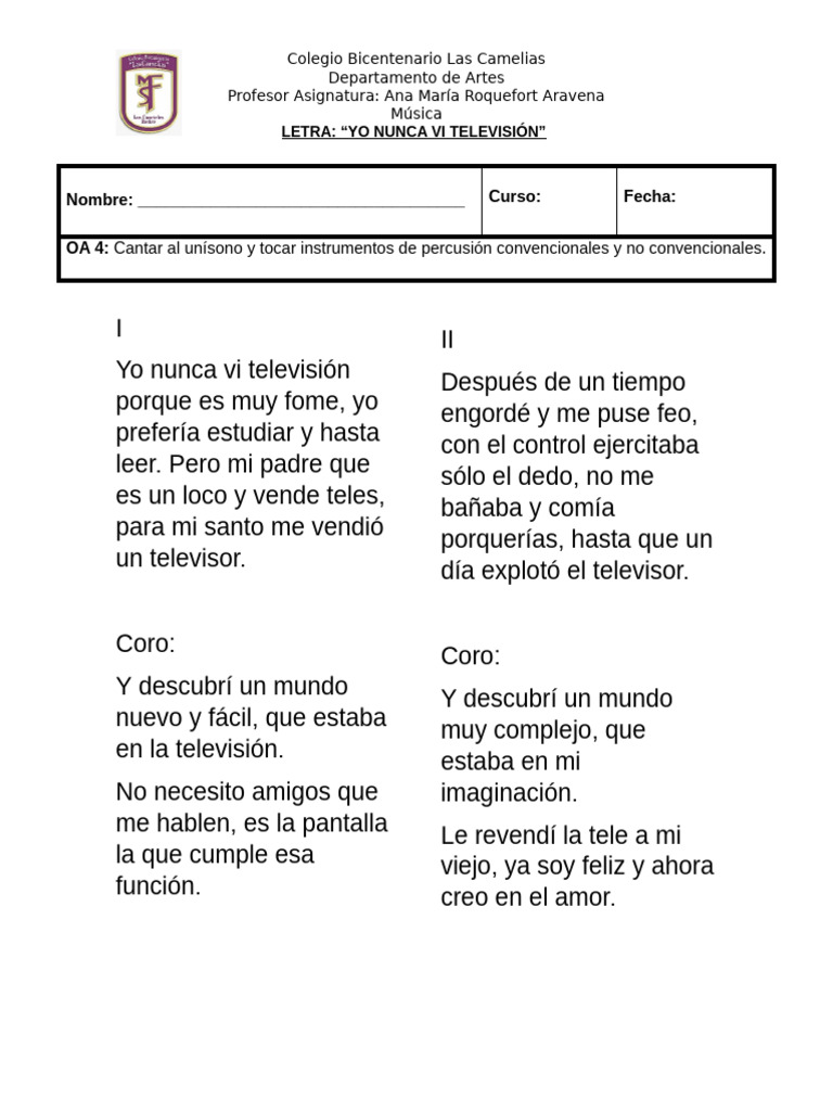 Letra de "Yo Nunca Vi Televisión" | PDF