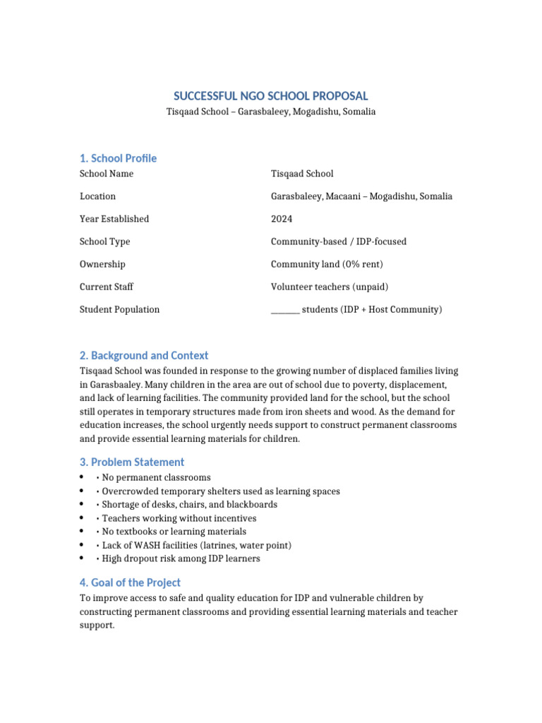 Tisqaad School NGO Proposal for Education | PDF | Classroom | Wash