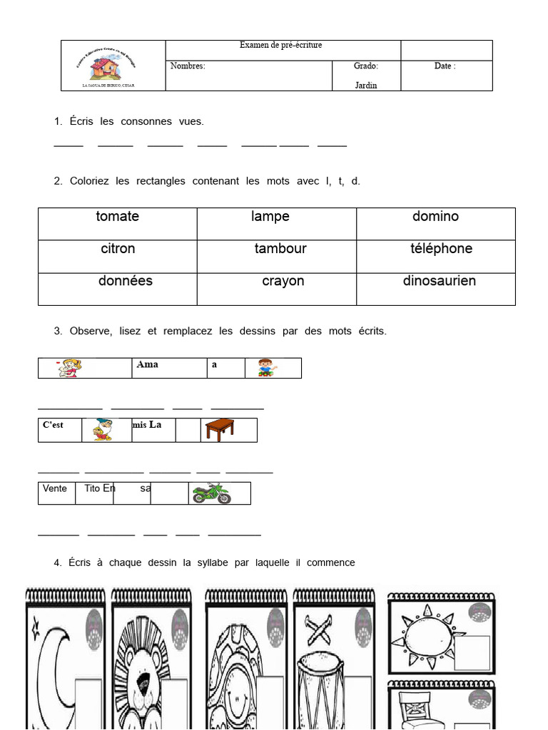 Examen de pré-écriture pour enfants | PDF