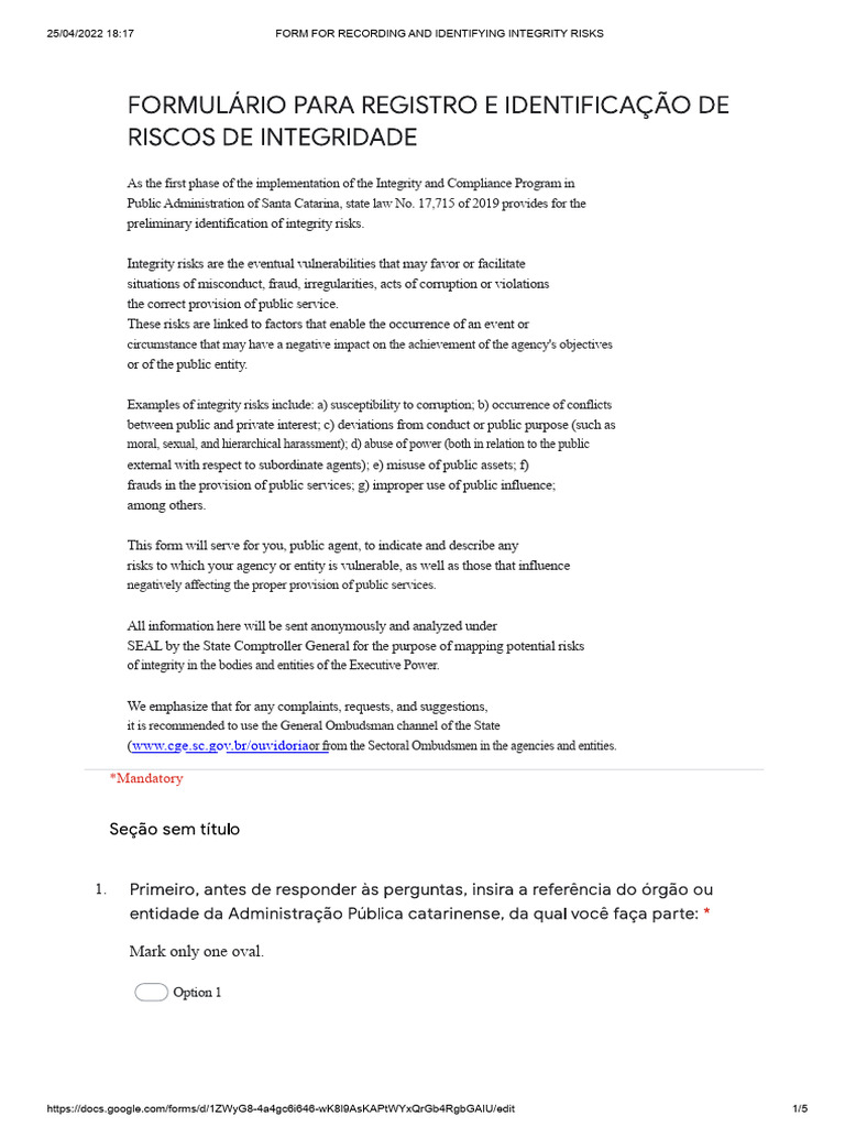 FORM FOR RECORDING AND IDENTIFICATION OF INTEGRITY RISKS - Google Form ...
