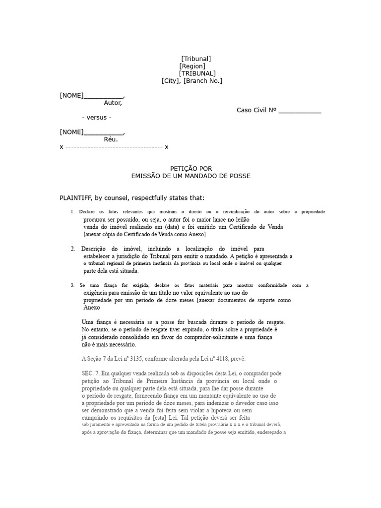 Petição para Mandado de Posse Judicial | PDF | Justiça | Crime e Violência