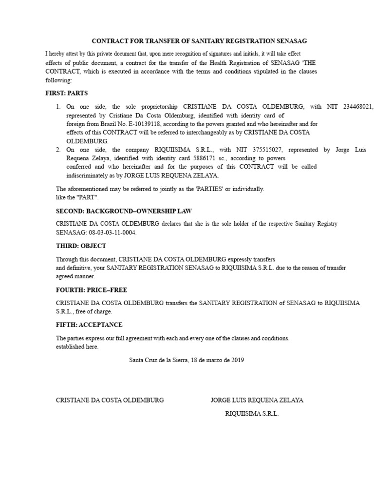Contract For Transfer of Sanitary Registration Senasag | PDF