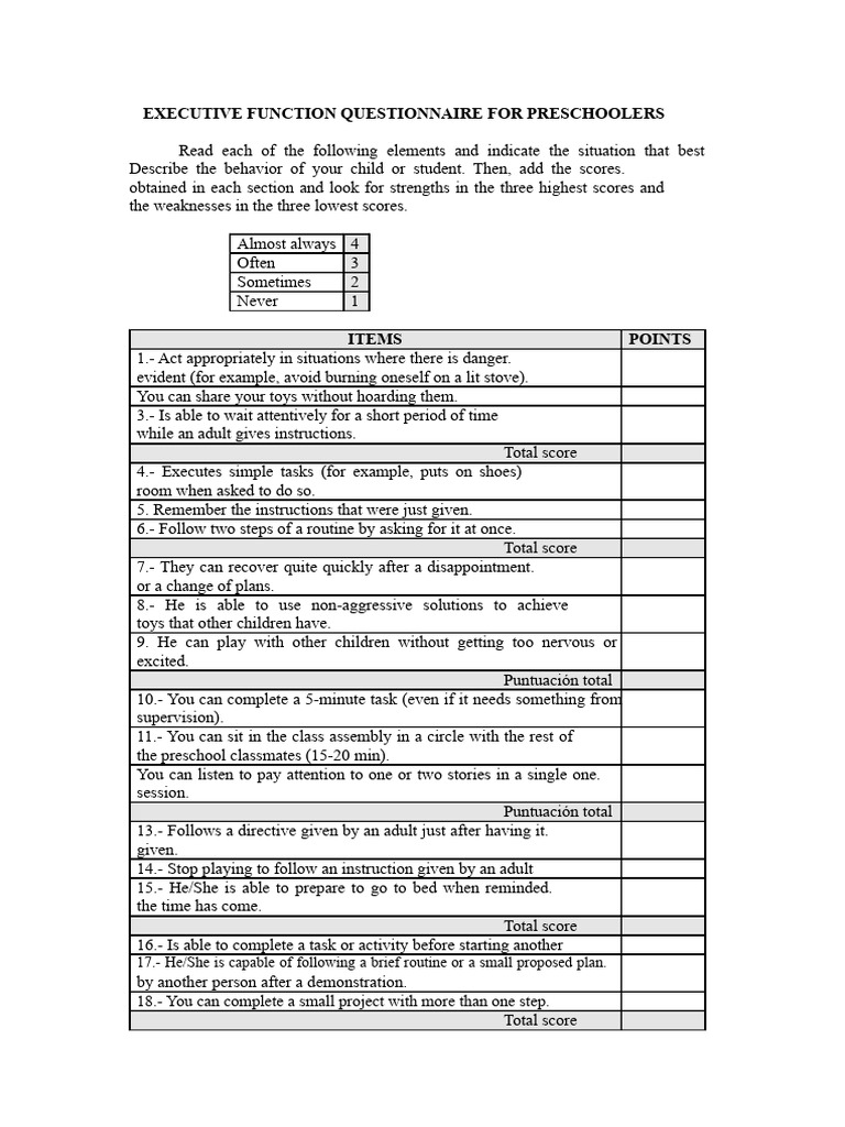 Executive Functioning Questionnaire For Early Childhood Education ...