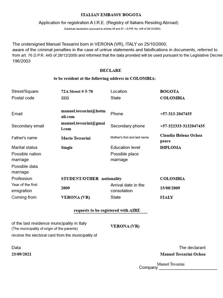 AIRE Registration Application for Italians | PDF | Government And ...