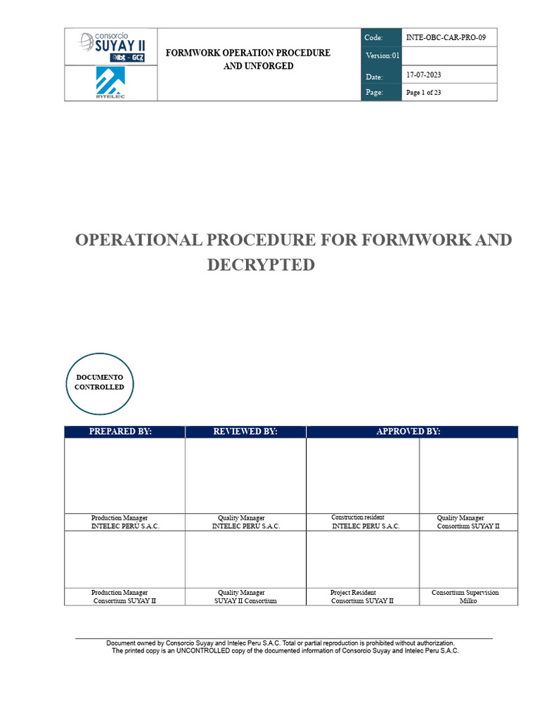 Operational Procedure For Formwork and Stripping | PDF | Occupational ...