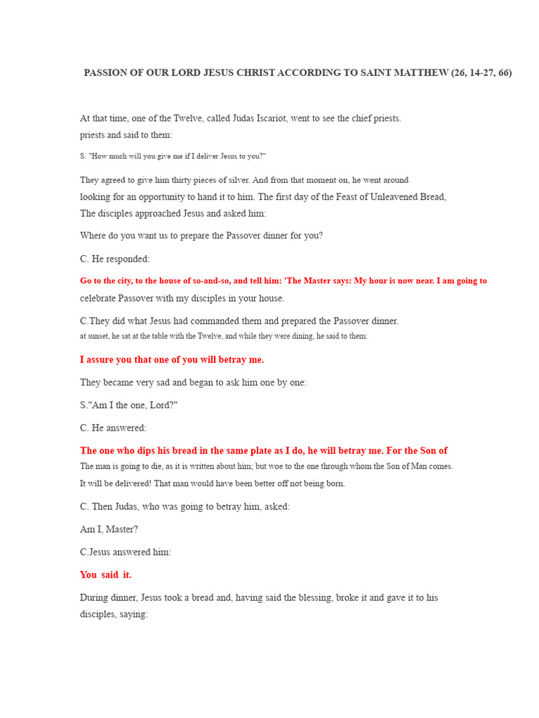 Jesus' Passion According to Matthew | PDF | Jesus | Judas Iscariot