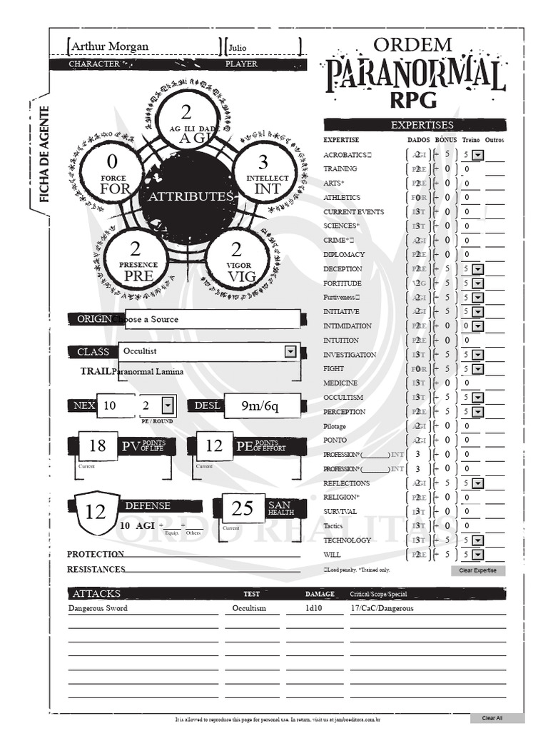 Paranormal Order - Editable Character Sheet For Arthur Morgan | PDF