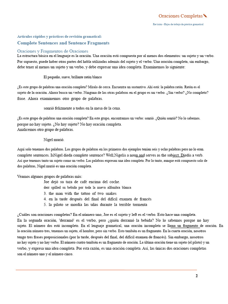 Oraciones Completas y Fragmentos Gramaticales | PDF | Oración ...