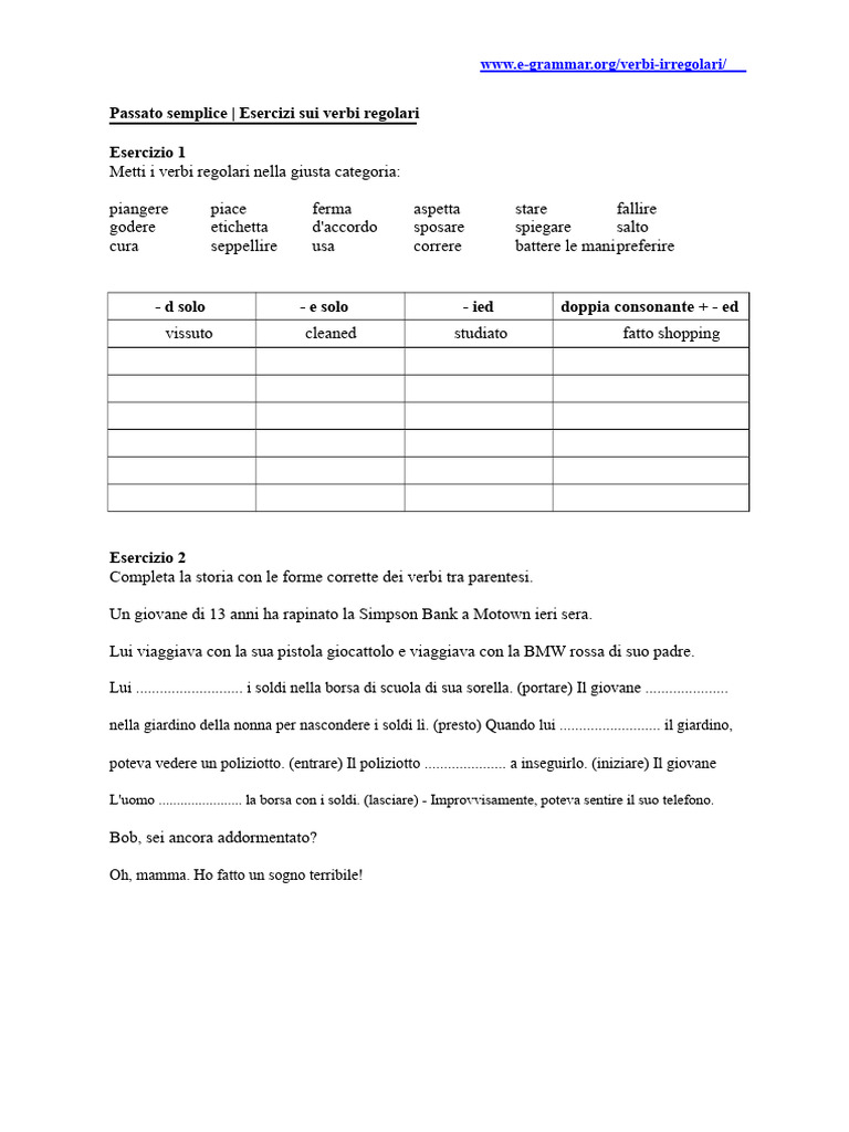 Esercizi Sui Verbi Regolari Al Passato Semplice | PDF