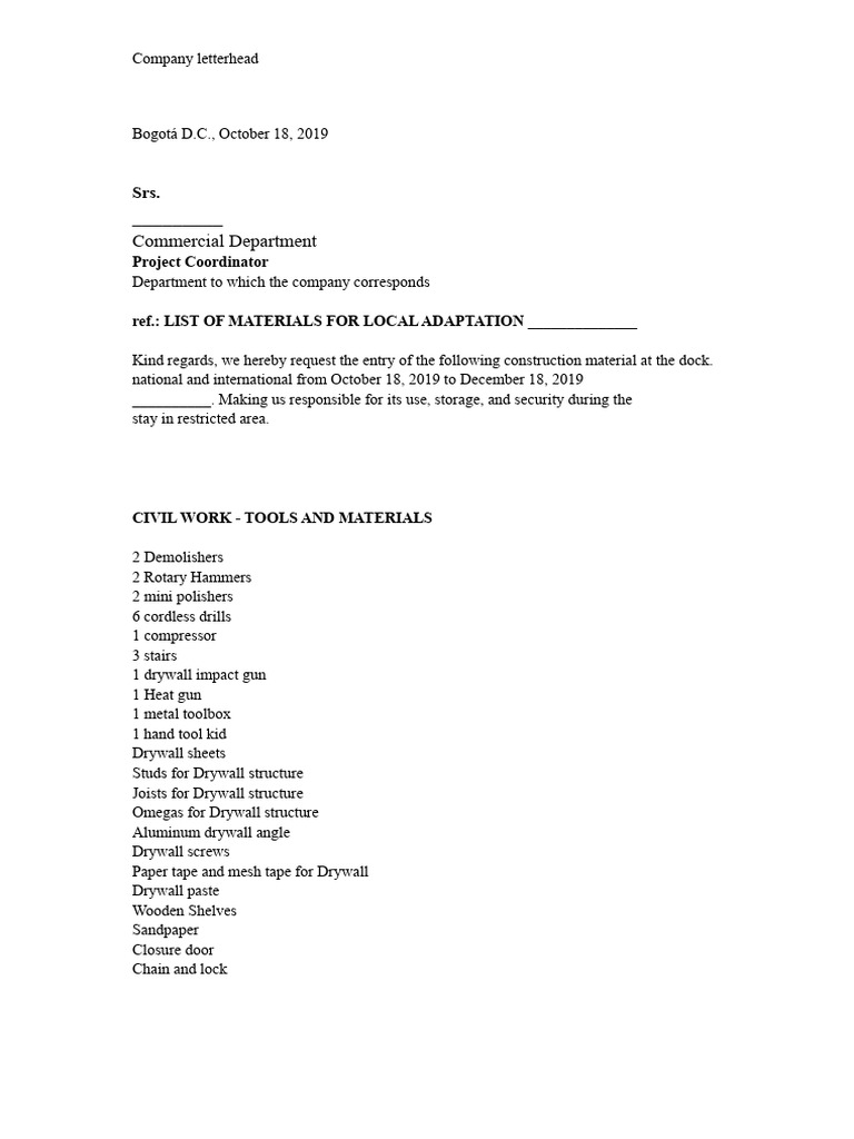 Letter For Start of Work - Entry of Materials and Tools | PDF