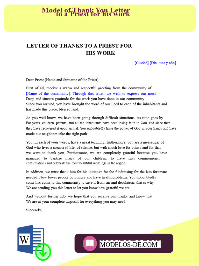 Model of A Thank You Letter To A Priest For His Work | PDF