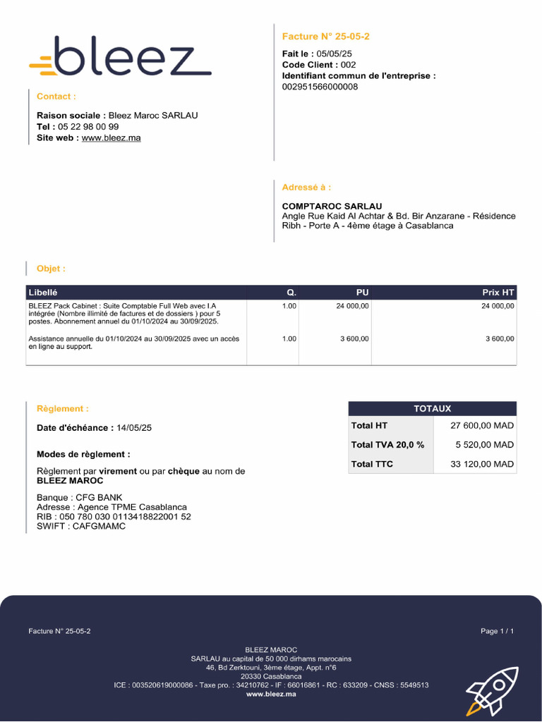 Facture Annuelle Bleez Pour Comptaroc Mai 2025 | PDF