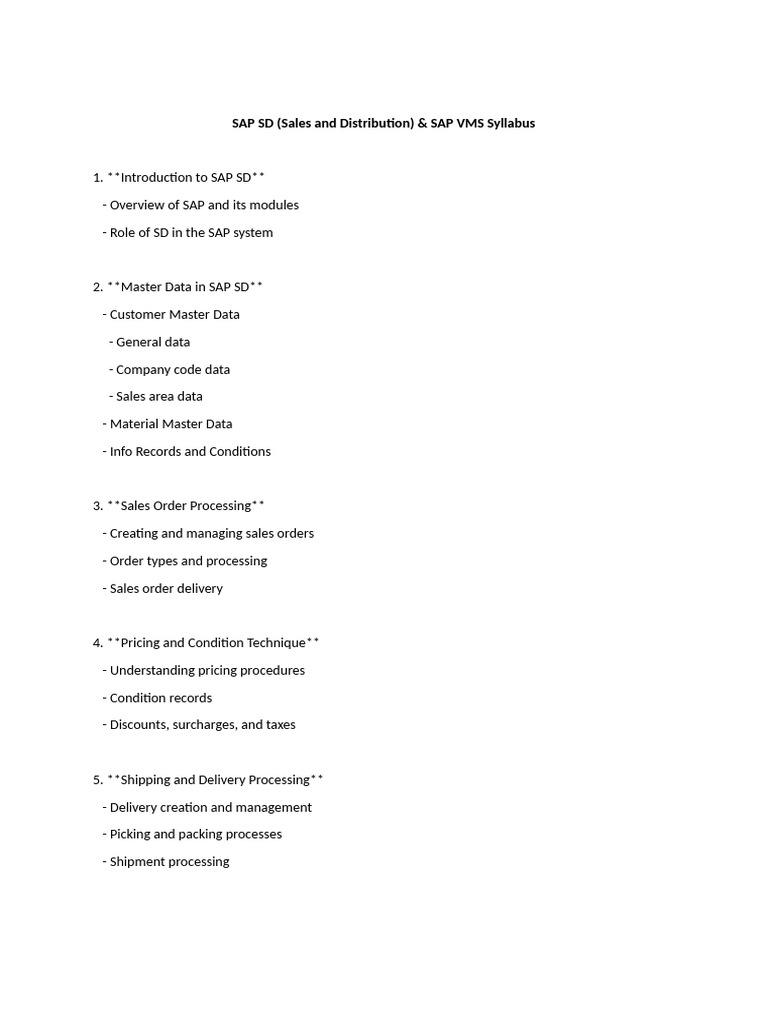 SAP SD & VMS Training Content | PDF