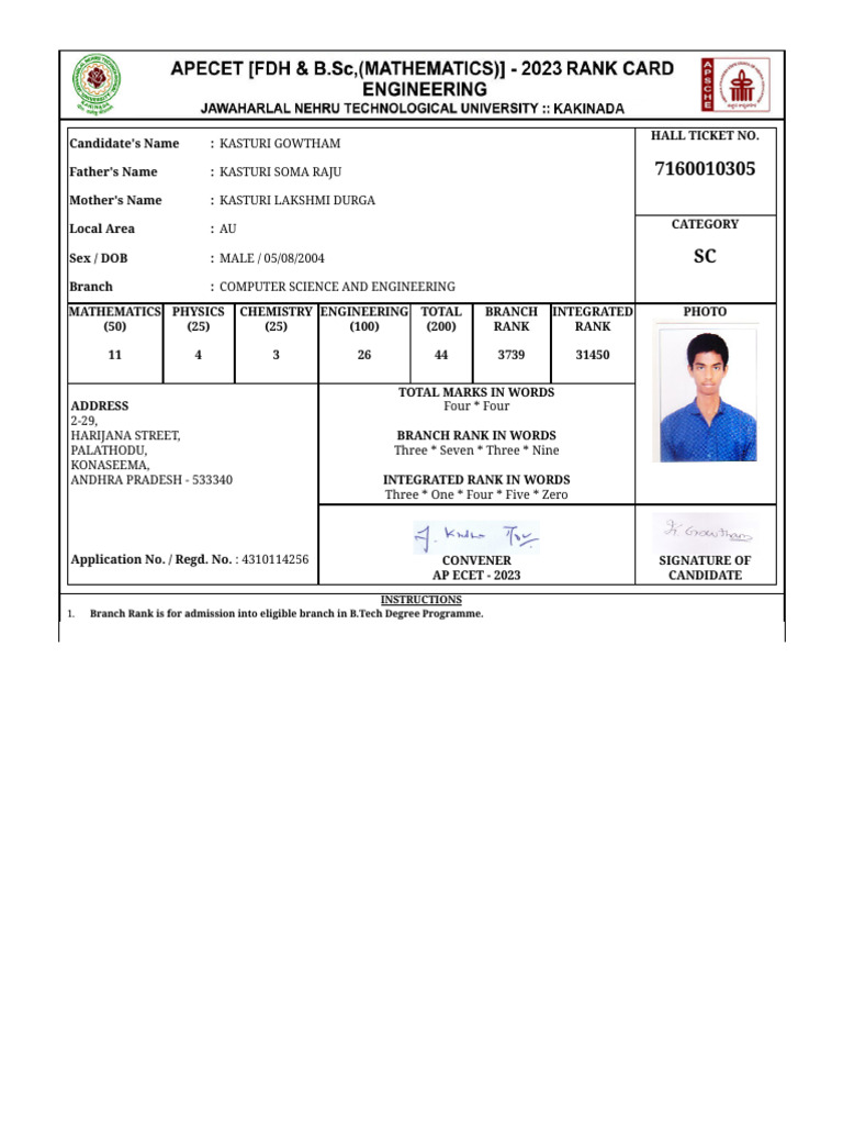 AP ECET - 2023 Rank Card | PDF