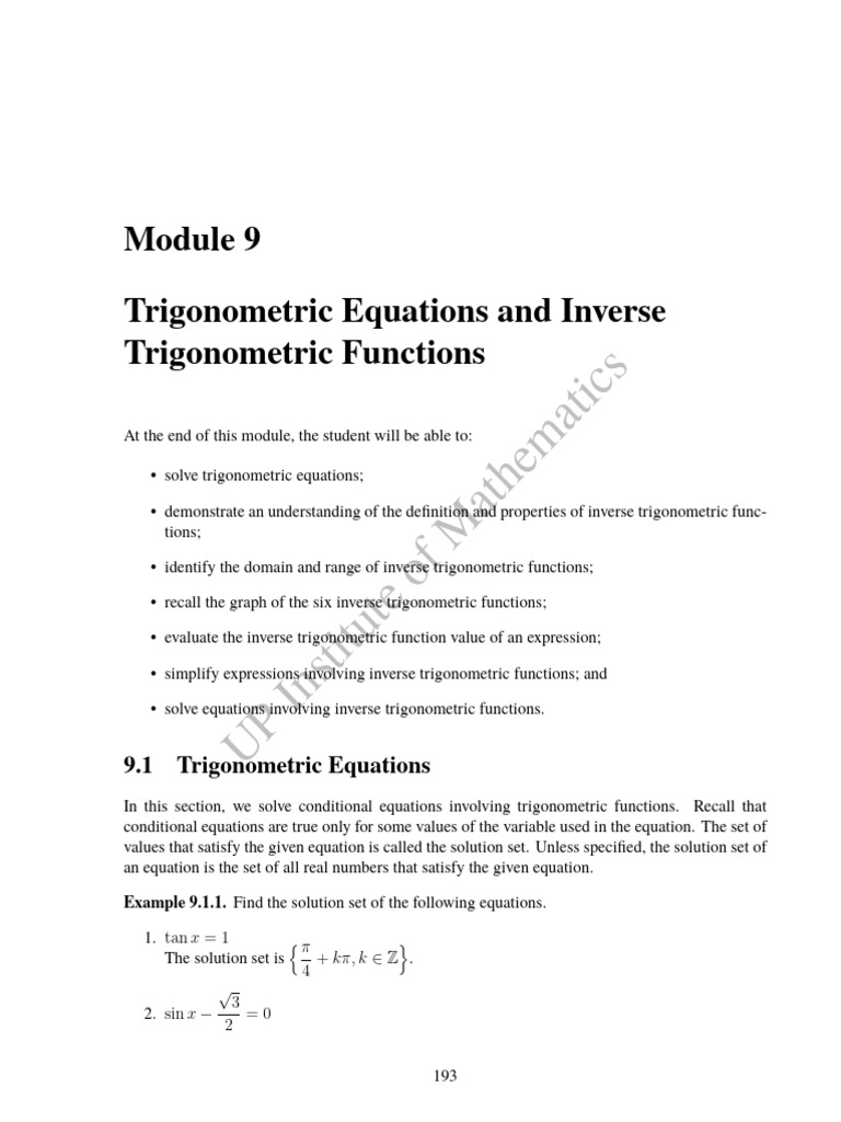 Trigonometric Equations & Inverses Guide | PDF | Trigonometric ...