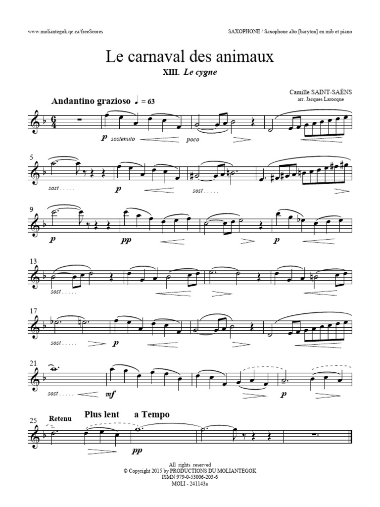 Cygne de Saint-Saëns pour saxophone | PDF | Instruments de musique ...