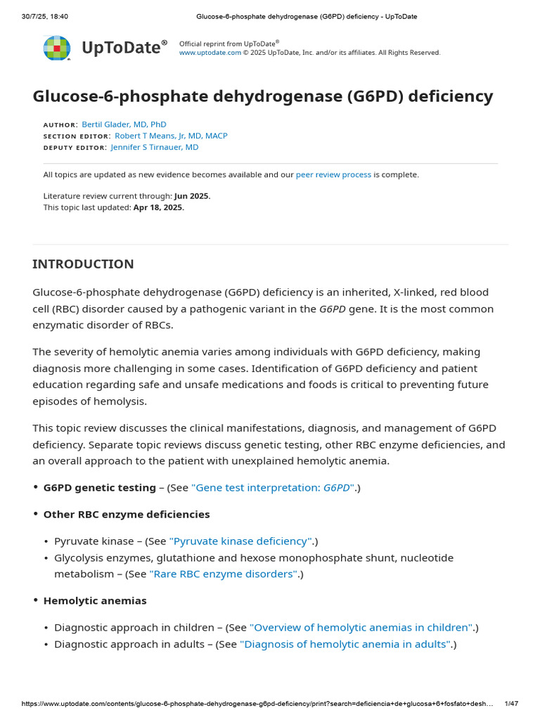 Glucose-6-Phosphate Dehydrogenase (G6PD) Deficiency - UpToDate | PDF ...