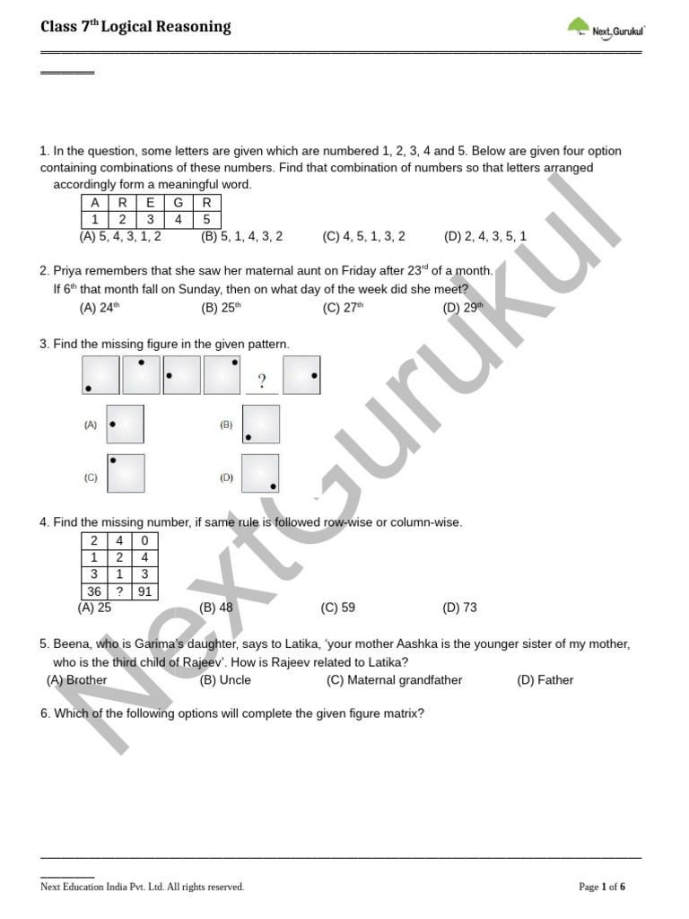 7th Grade Logical Reasoning Exercises | PDF
