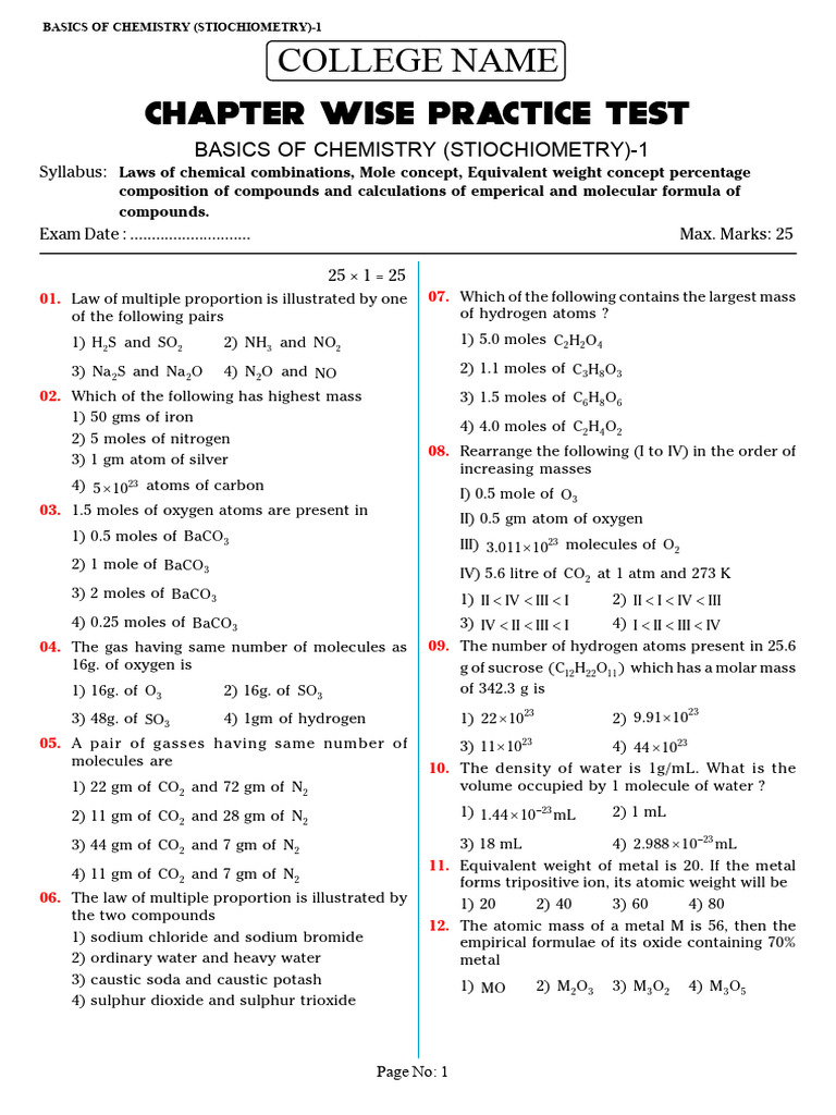 Chemistry Stoichiometry Practice Test | PDF | Mole (Unit) | Chemical ...