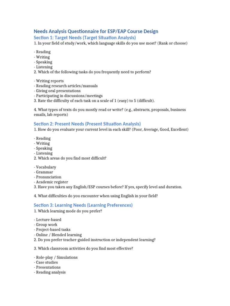ESP/EAP Course Needs Analysis Questionnaire | PDF | English Language ...