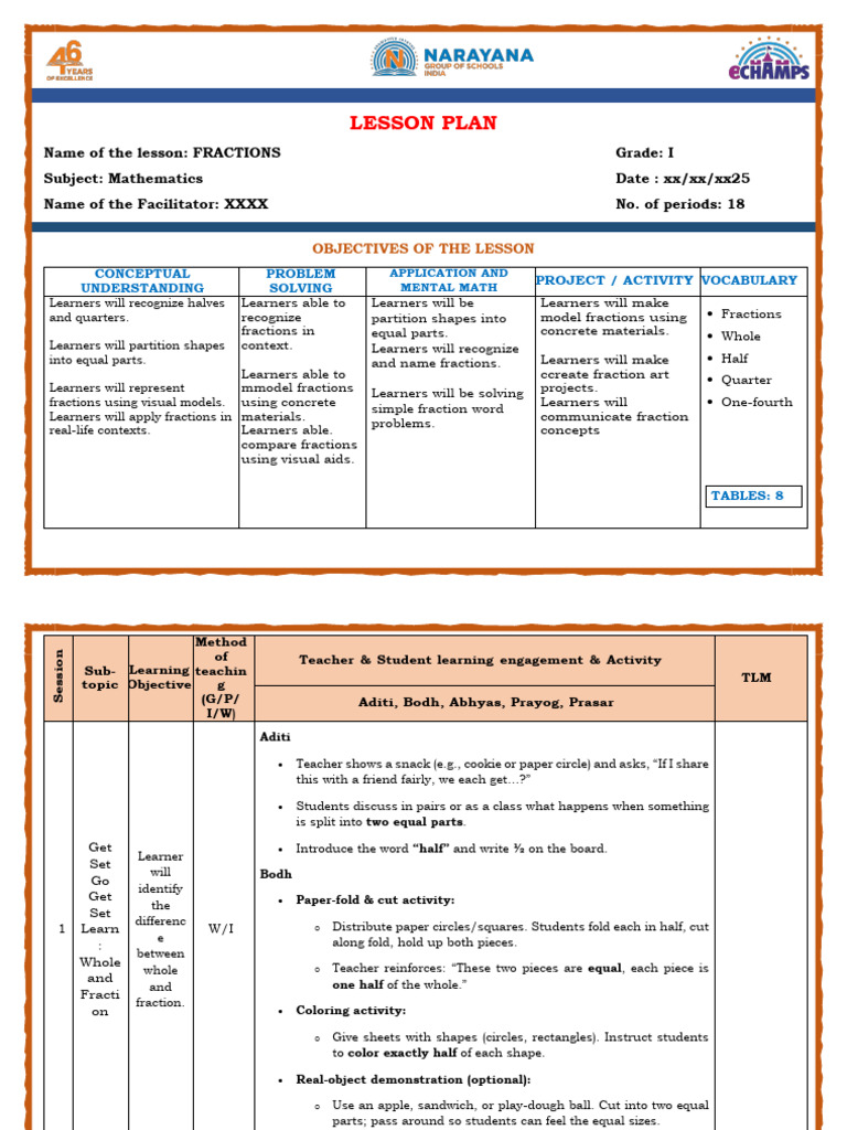 Grade 1 Fractions Lesson Plan | PDF | Learning | Mathematics