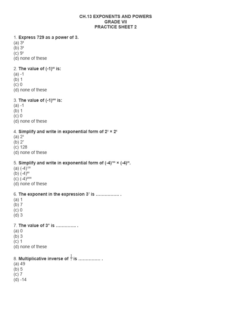 I Am Sharing 'Halfyrly Ch. 13 Practice Sheet For Exponents and Powers ...