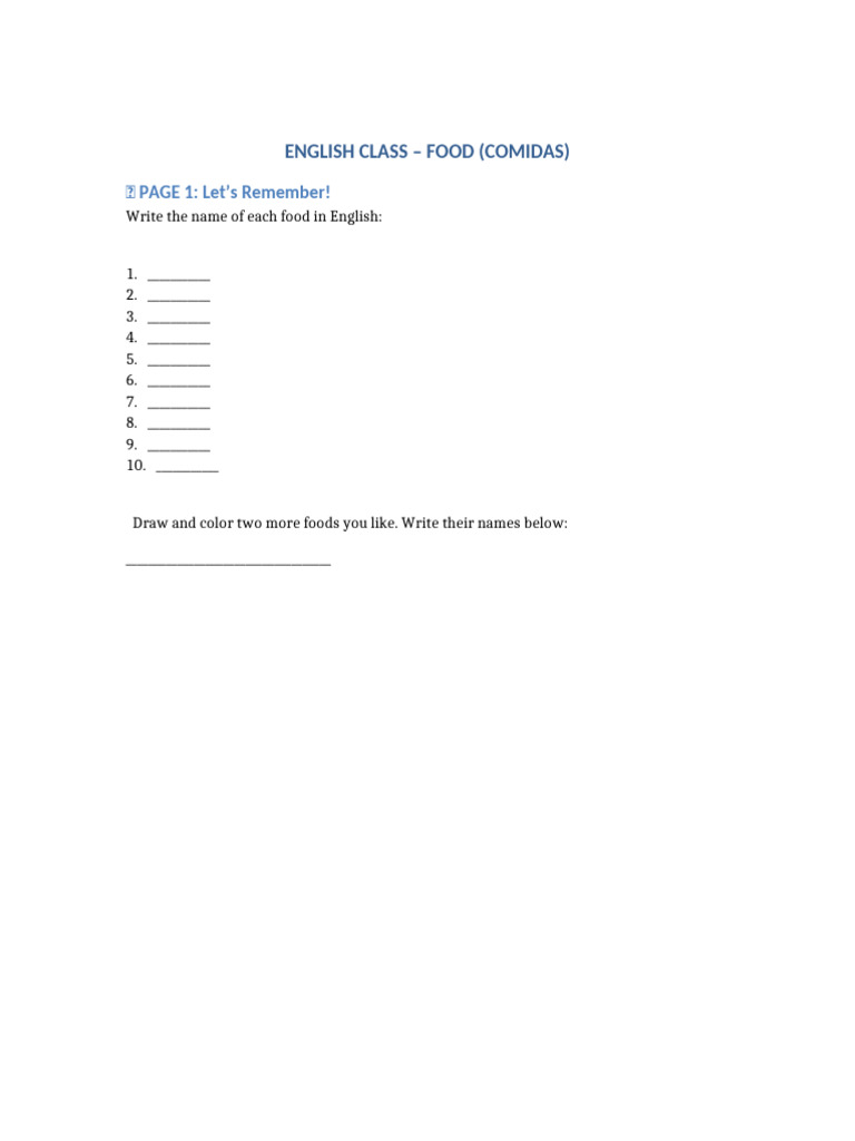 English Food Vocabulary Activities | PDF