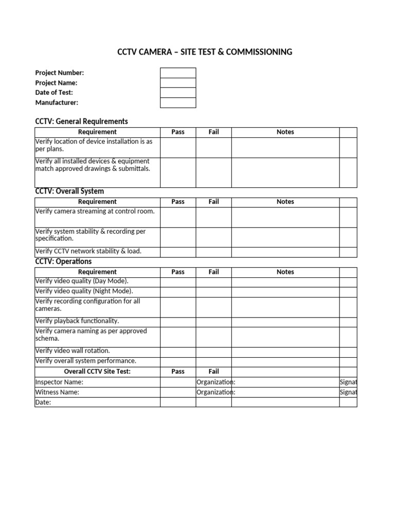 CCTV Camera Site Test Checklist | PDF