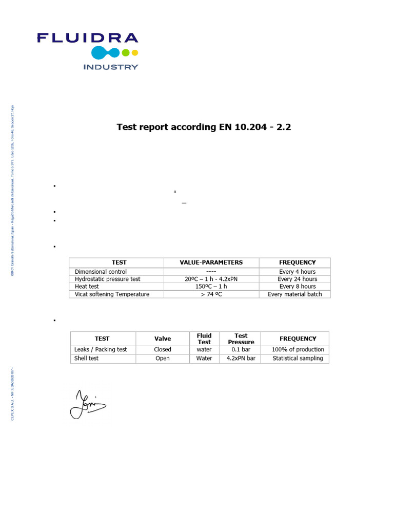 CEPEX PVC-U Valve Test Report EN 10.204 | PDF | Valve | Gases