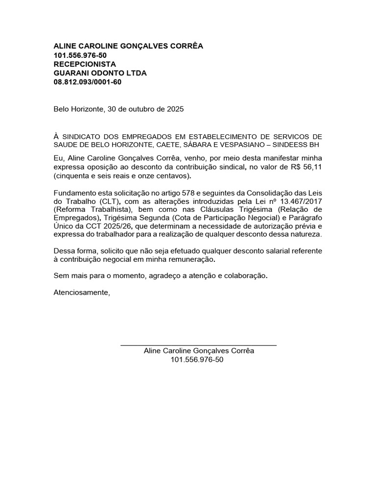 Carta de Oposição Aline Caroline - Guarani Odonto | PDF