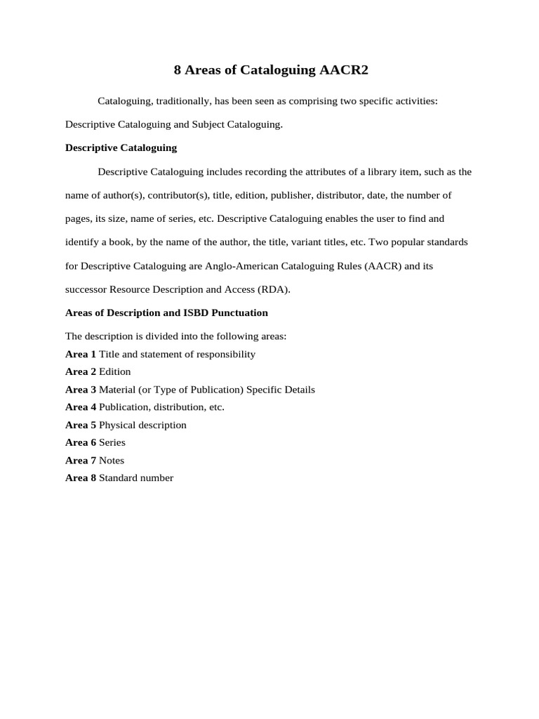 AACR2 Cataloguing Areas Explained | PDF | Metadata | Information Science
