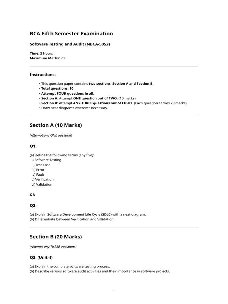 Bca 5th Semester – Software Testing and Audit (Model Question Paper ...