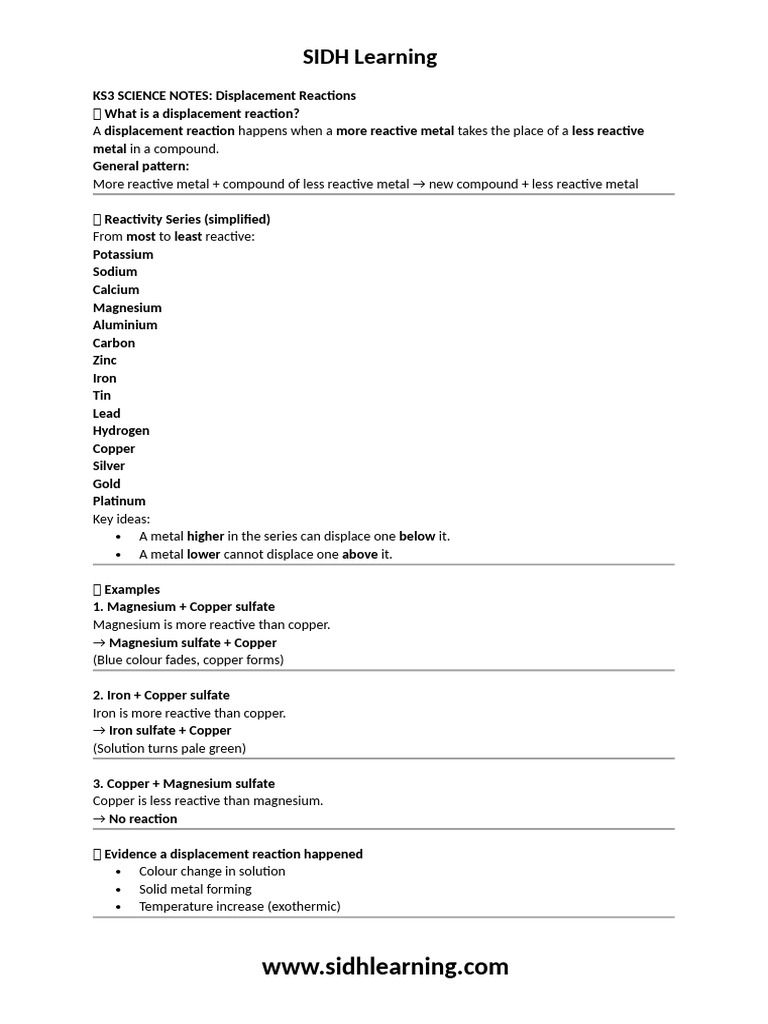 Displacement Reactions - KS3 SCIENCE NOTES | PDF | Magnesium | Metals