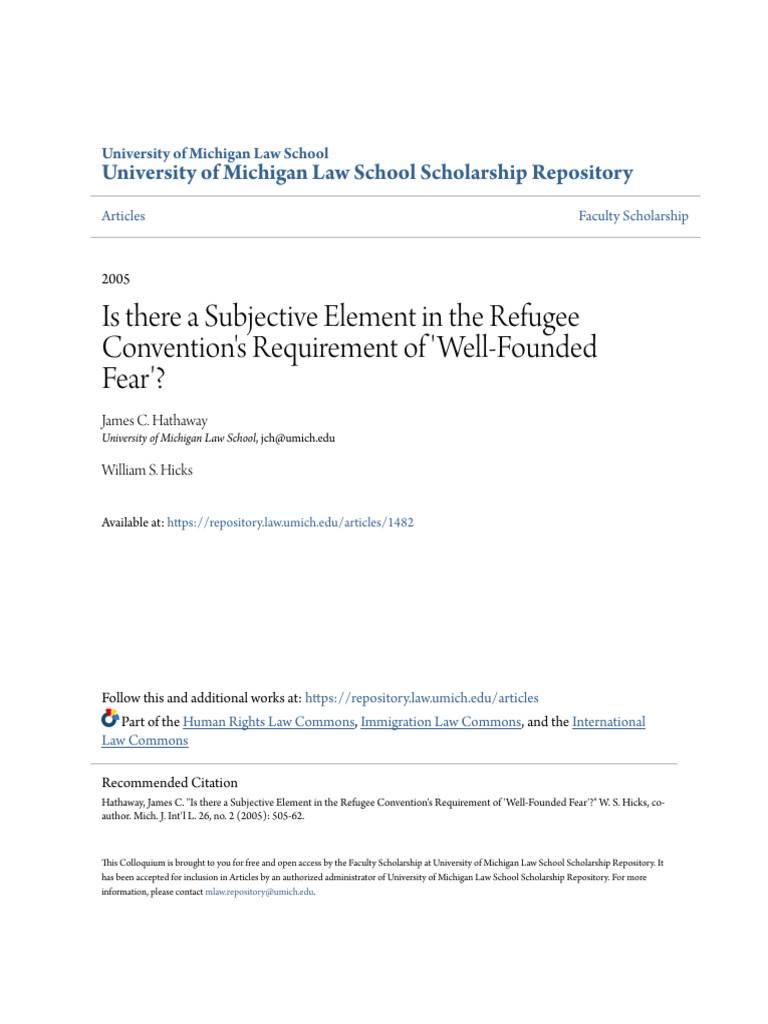 Is There A Subjective Element in The Refugee Conventions Require | PDF ...