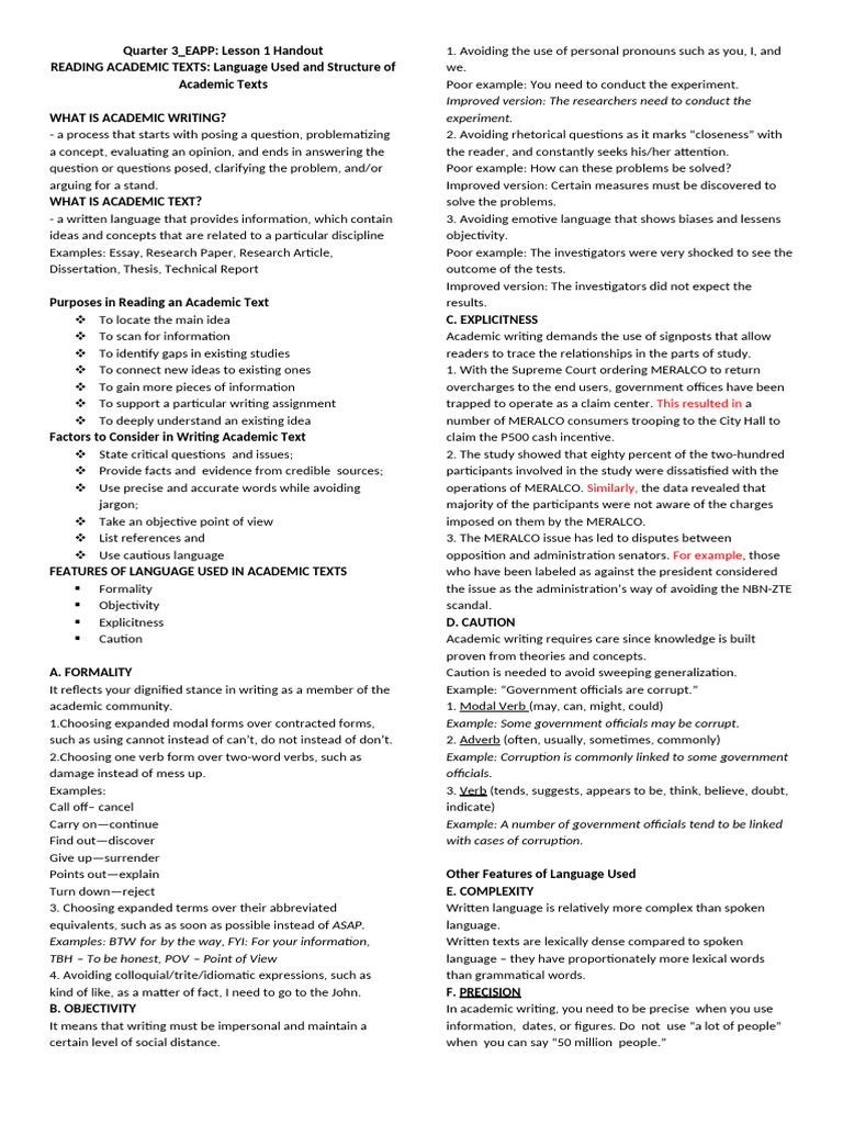 Q3 EAPP Lesson 1 Handout | PDF | Verb | Subject (Grammar)