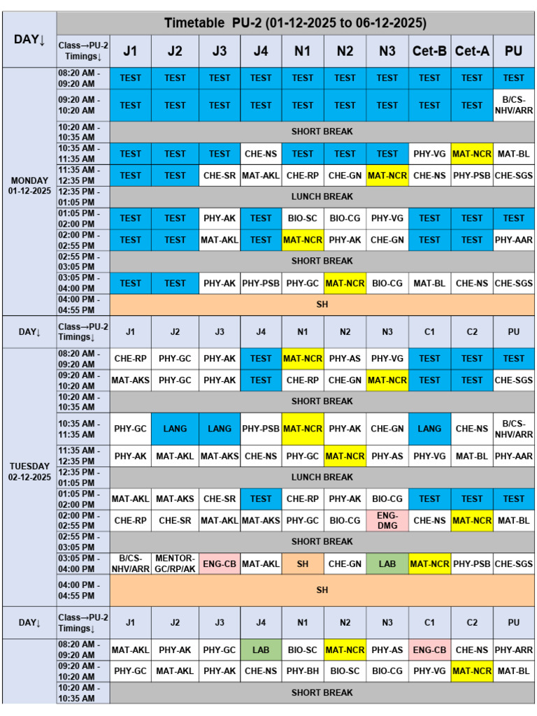 PU2 Time Table for 1st Dec to 6th Dec. | PDF