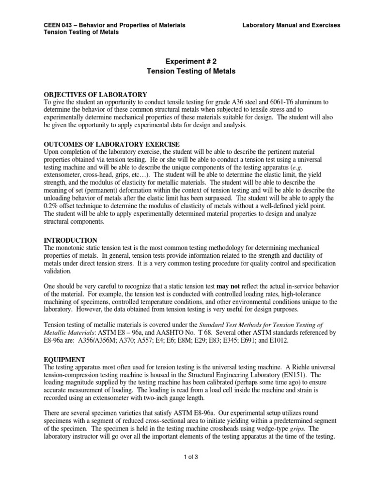 Tension Testing of Metals Lab Manual | PDF | Yield (Engineering ...