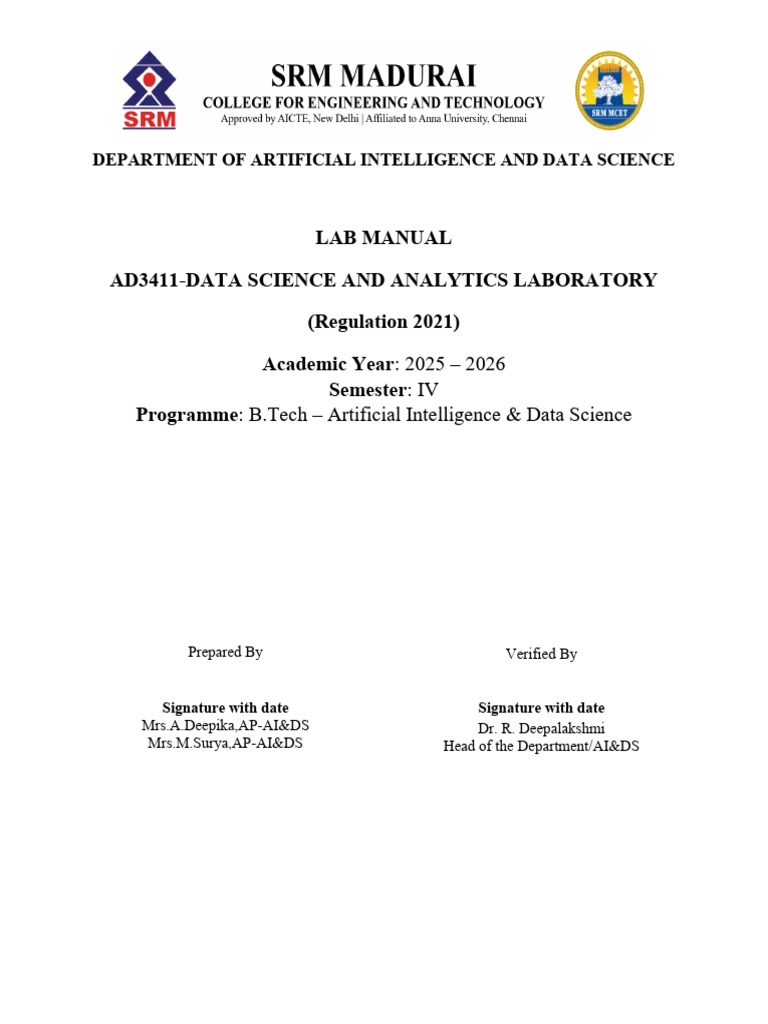Data Science Lab Manual 2025-2026 | PDF